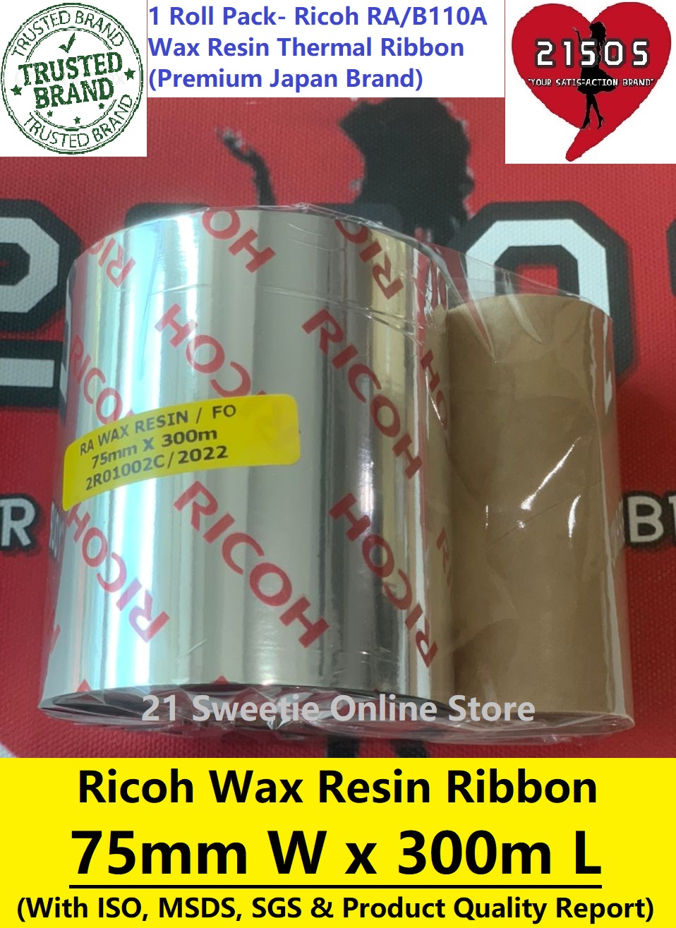 [1 roll] Ricoh Wax Resin Ribbon 75mm x 300m Premium Thermal Transfer ...