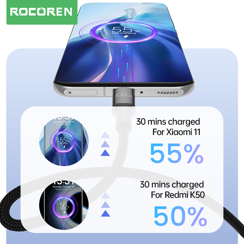 Rocoren USB Type C Cable 100W Fast Charging Charger Cable For Xiaomi ...