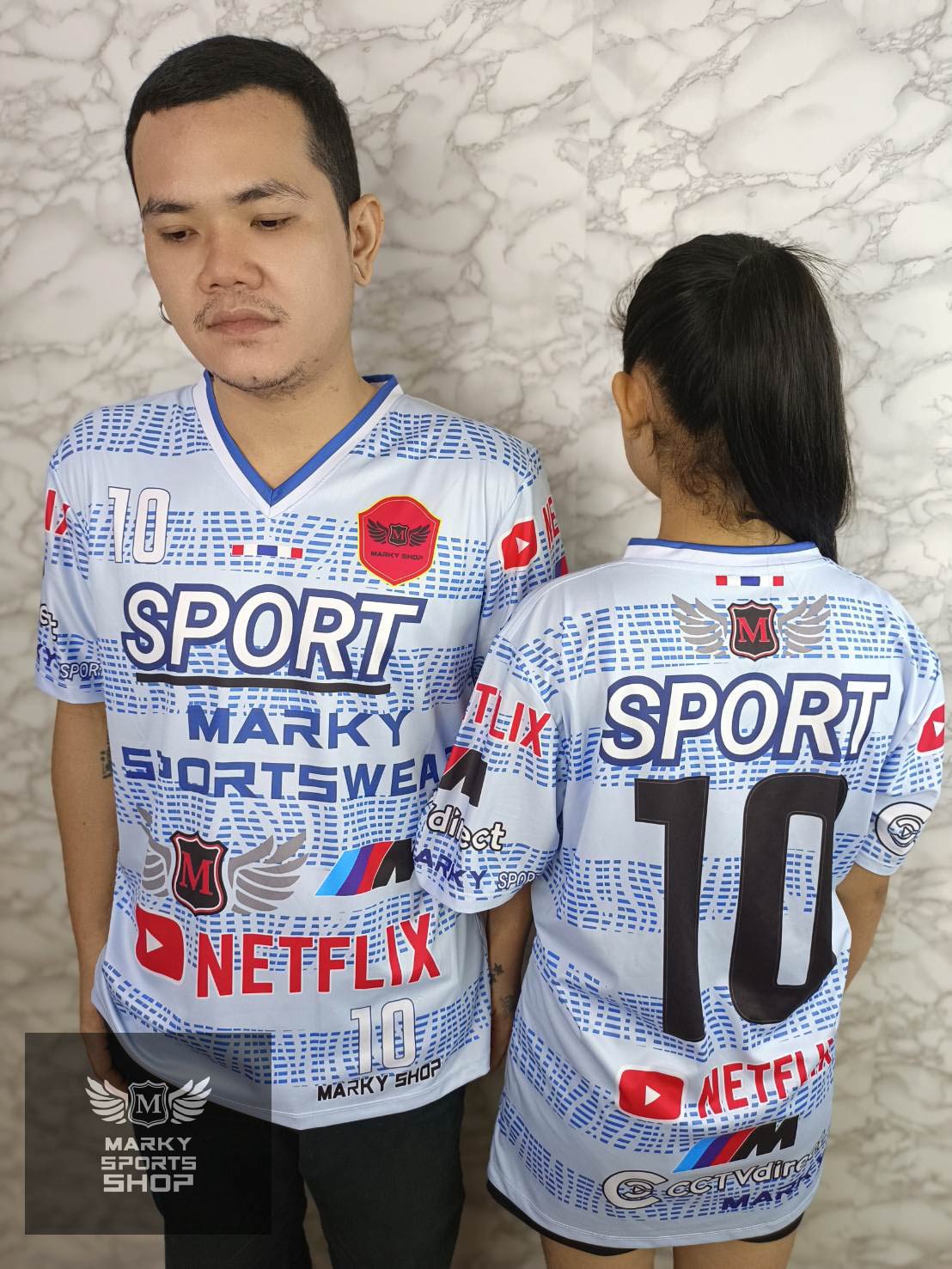 เสื้อพิมพ์ลาย marky sport M7สีฟ้า พิมพ์ลายทั้งตัวหน้าหลังสวมใส่สบาย ใส่ได้ทั้งชายหญิง เสื้อกีฬา ...