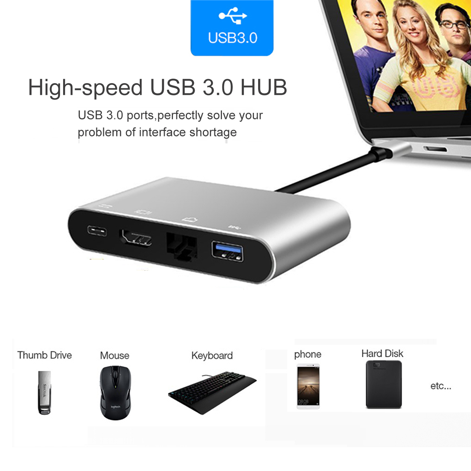 4 in 1 USB Type-C to HDMI 4K+ RJ45 Gigabit Ethernet Network + Type-C PD ...