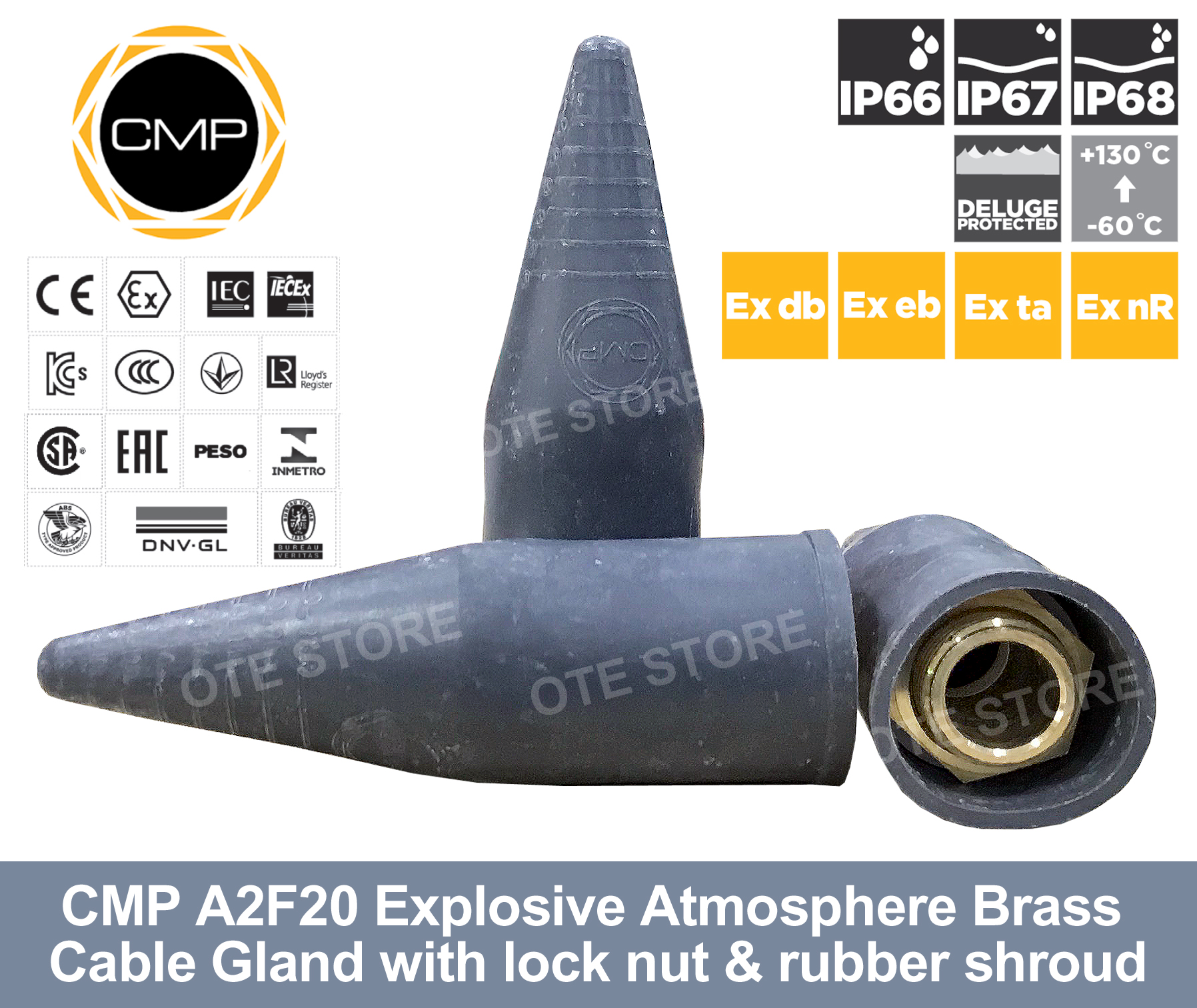 CMP A2F20 Explosion Proof Brass Cable Gland with Lock Nut & Rubber ...