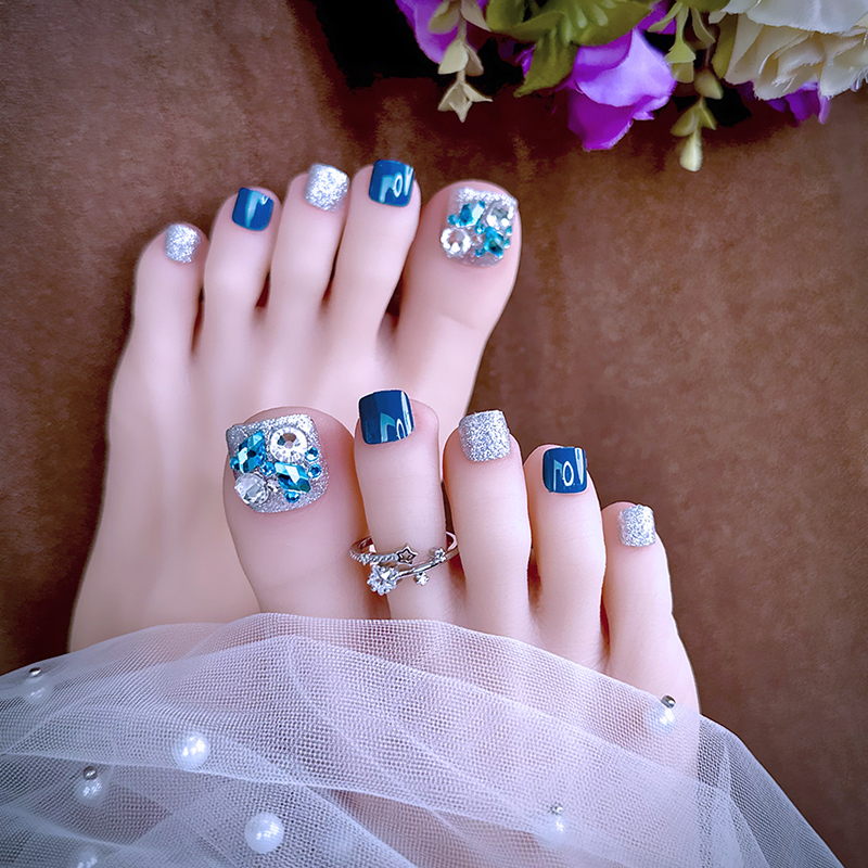 24Pcs Short Square Toenails Press On Glitter Blue Diamond False Toe ...