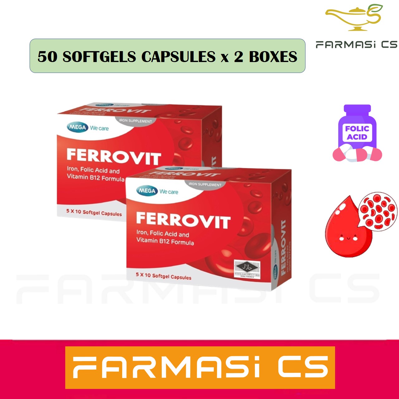 Mega Ferrovit 50 Softgels Capsules x 2 Boxes EXP: 01/2025 [ Iron, Folic ...