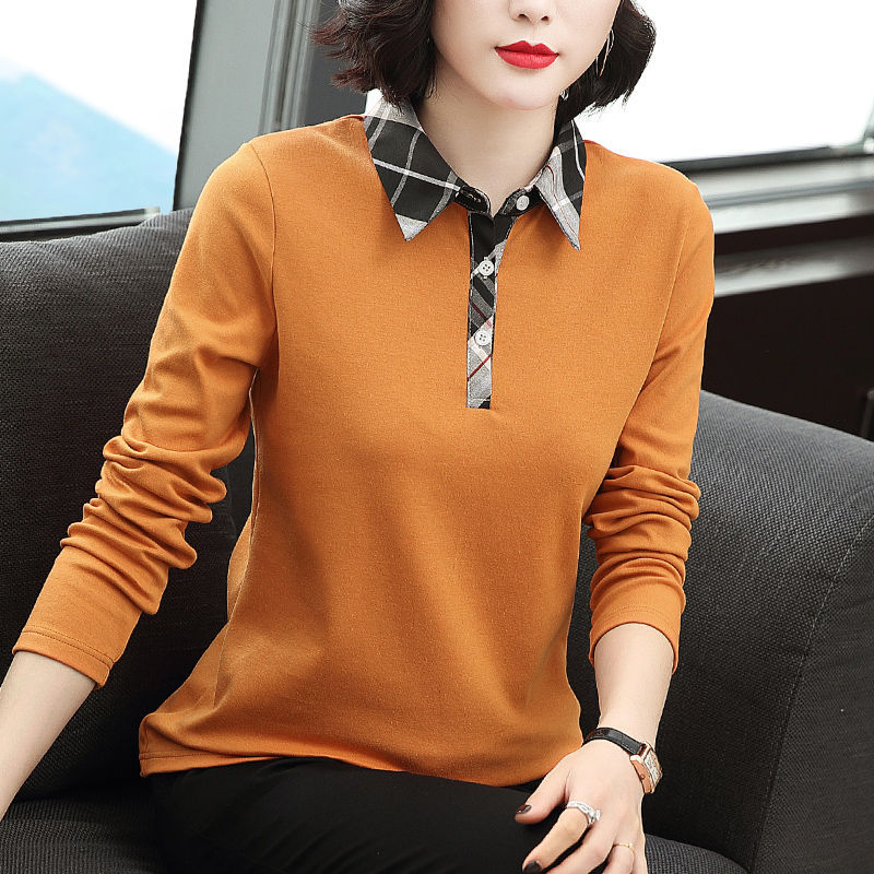 901A ผู้หญิงแขนยาวทรงหลวม T เสื้อ 2023 ฤดูใบไม้ผลิรุ่นใหม่ POLO คอปกคุณแม่วัยกลางคนไซส์ใหญ่ลำลอง ...