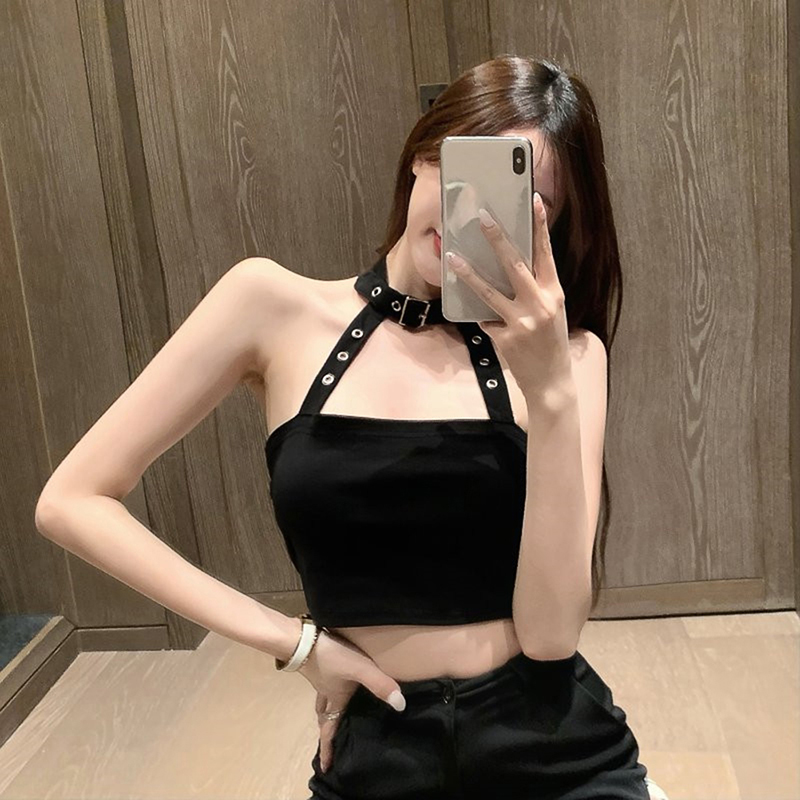 Summer Knitted Halter Spaghetti Straps Vest Halter Metal Buckle Short 6572
