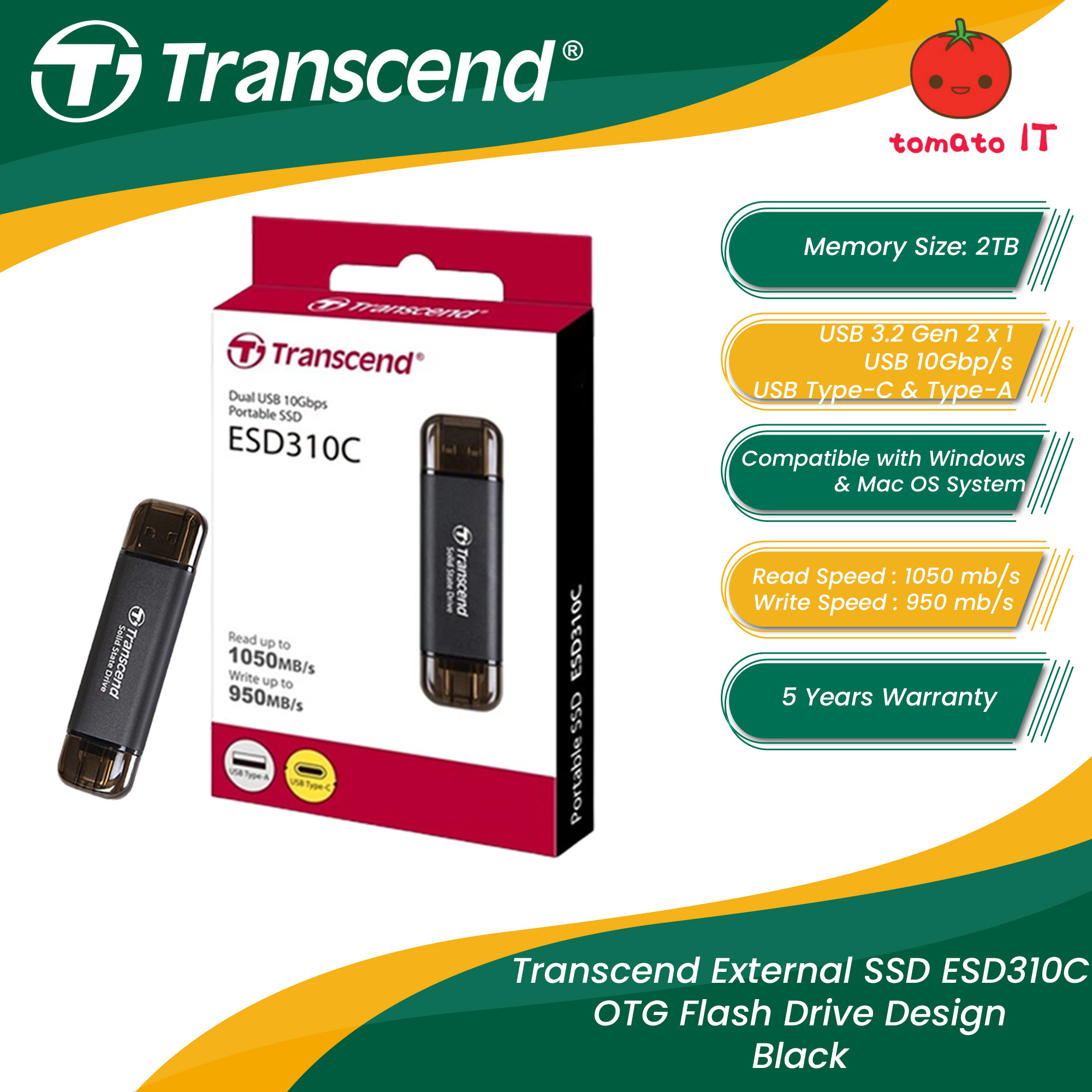 TRANSCEND ESD310C OTG Portable SSD (256GB, 512GB, 1TB, 2TB) | Lazada