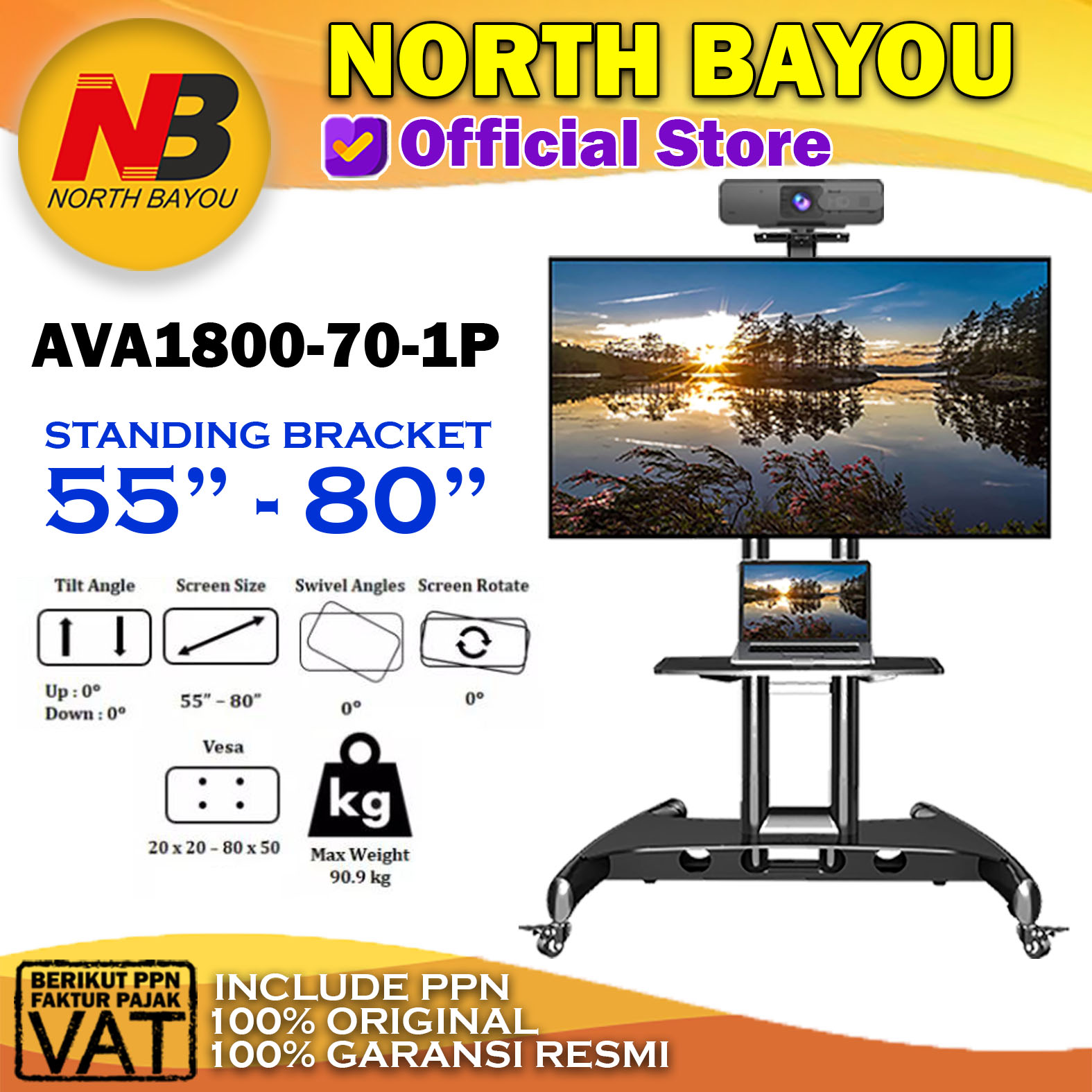 NB AVA1800 NORTH BAYOU AVA1800 AVA-1800 NBAVA1800 NB AVA 1800 STANDING TV STANDING TROLLEY TV ...