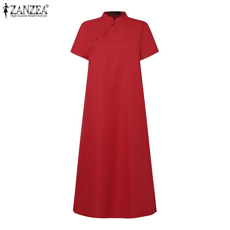Celmia ZANZEA Womens Cheongsam Dress Elegant Loose Plain Midi Dresses ...