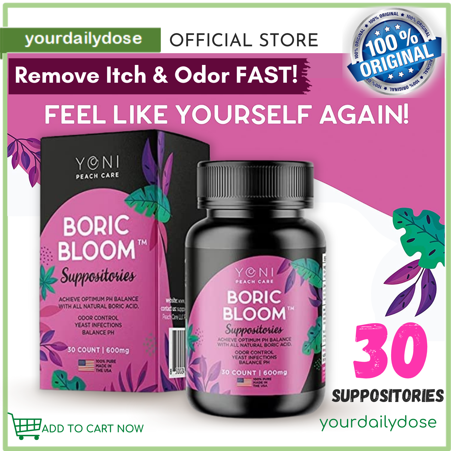 Peach Care Boric Bloom Boric Acid Suppositories 30 Counts Relief from ...