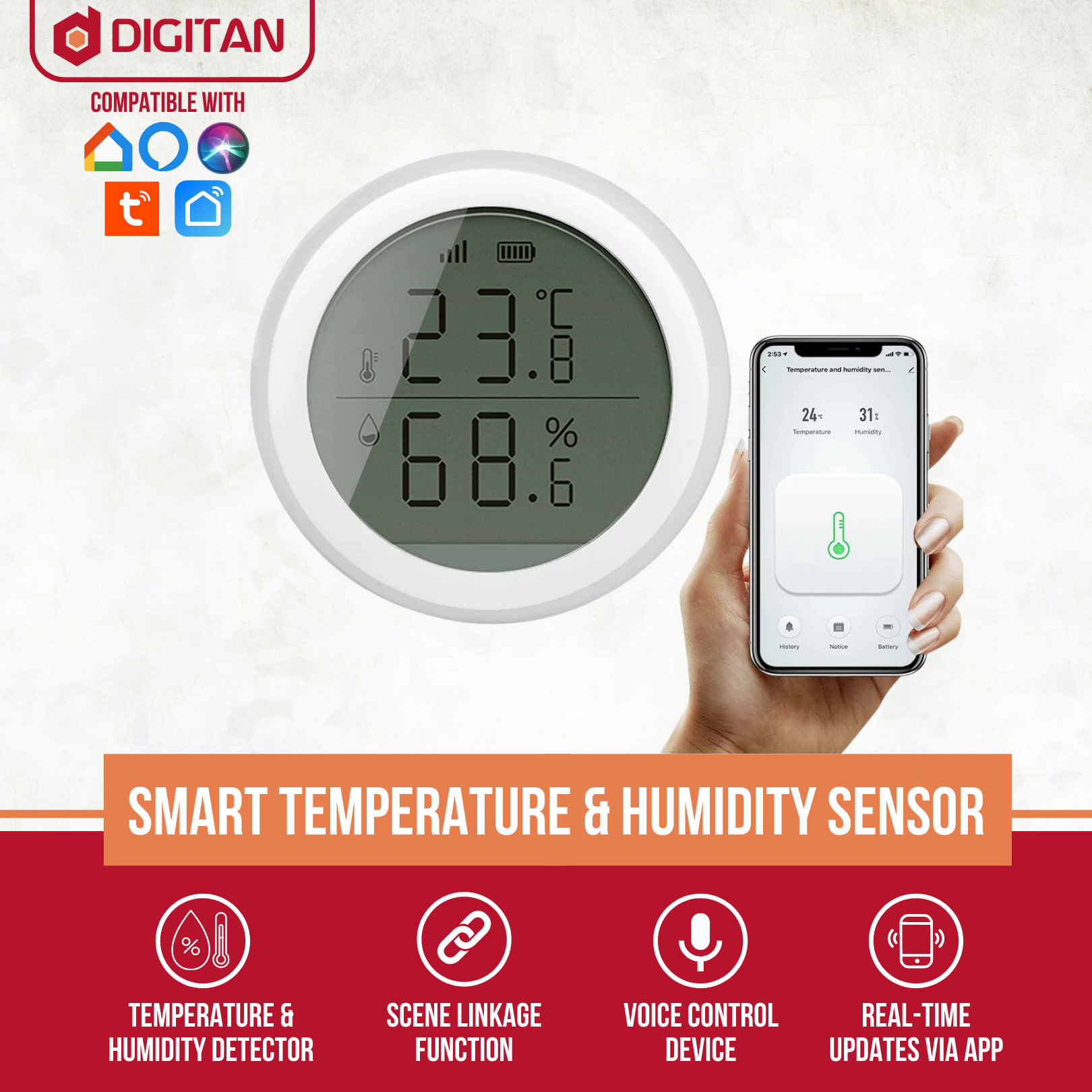 Smart Wireless Temperature And Humidity Sensor Detector Tuya Zigbee App