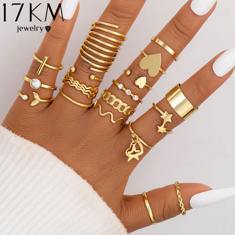 17 KM 18pcsset Star Heart Gold Ring Set Elegant Crystal Wave Open Rings ...