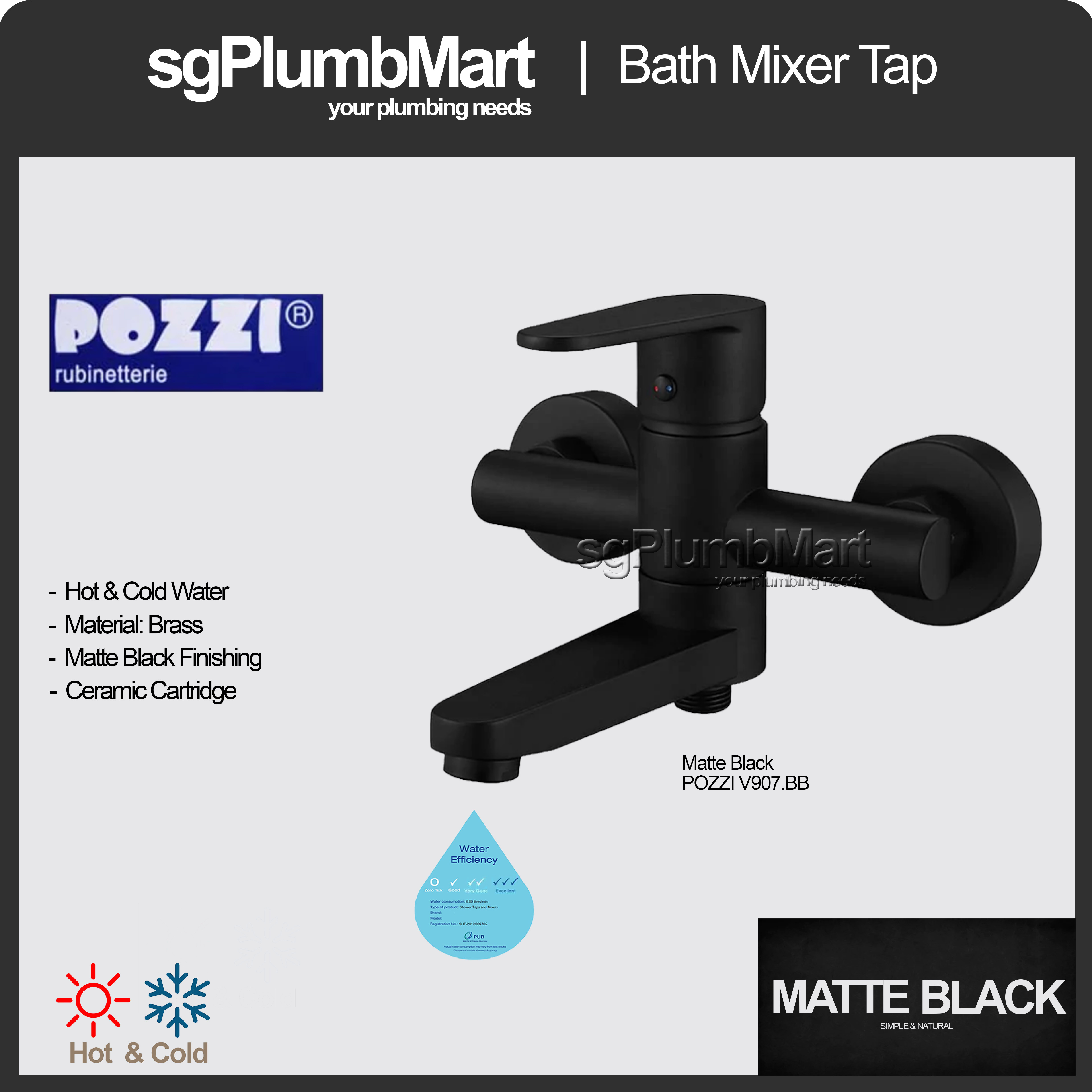 Pozzi x sgPlumbMart Matte Black Bath Mixer Tap V907BB Shower Tap Heater ...