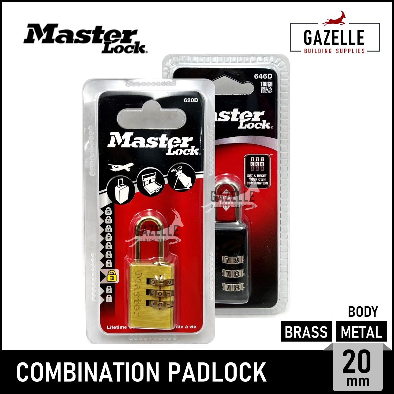 Masterlock 20mm / 30mm Brass Combination Padlock (Brass Body / Black ...