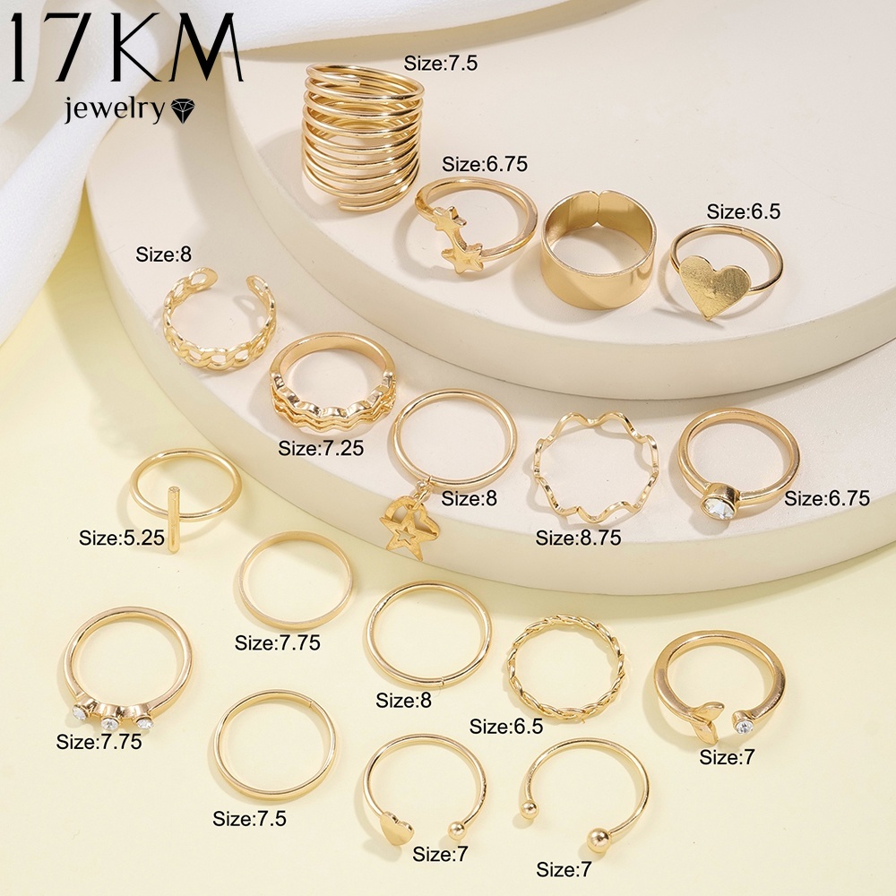 17 KM 18pcsset Star Heart Gold Ring Set Elegant Crystal Wave Open Rings ...
