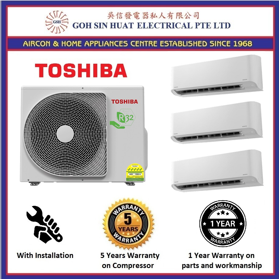 [Bulky] Toshiba 5 ticks R32 Multi Split Air con Air Conditioner System 3 RAS-3M31U2ACVG-SG & RAS ...
