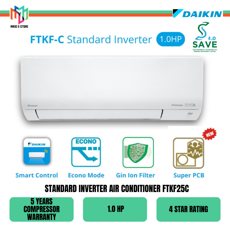 Daikin FTKF25C Standard Inverter Air Conditioner FTKF R32 Aircond 1.0HP 4 Star Rating FTKF25CLF ...