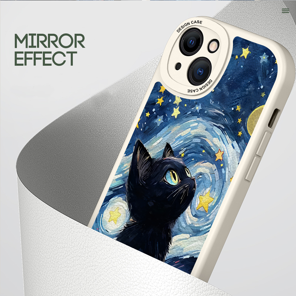 Hontinga for Redmi 13C Back Cover PU Leather Starry Night Black Cat ...