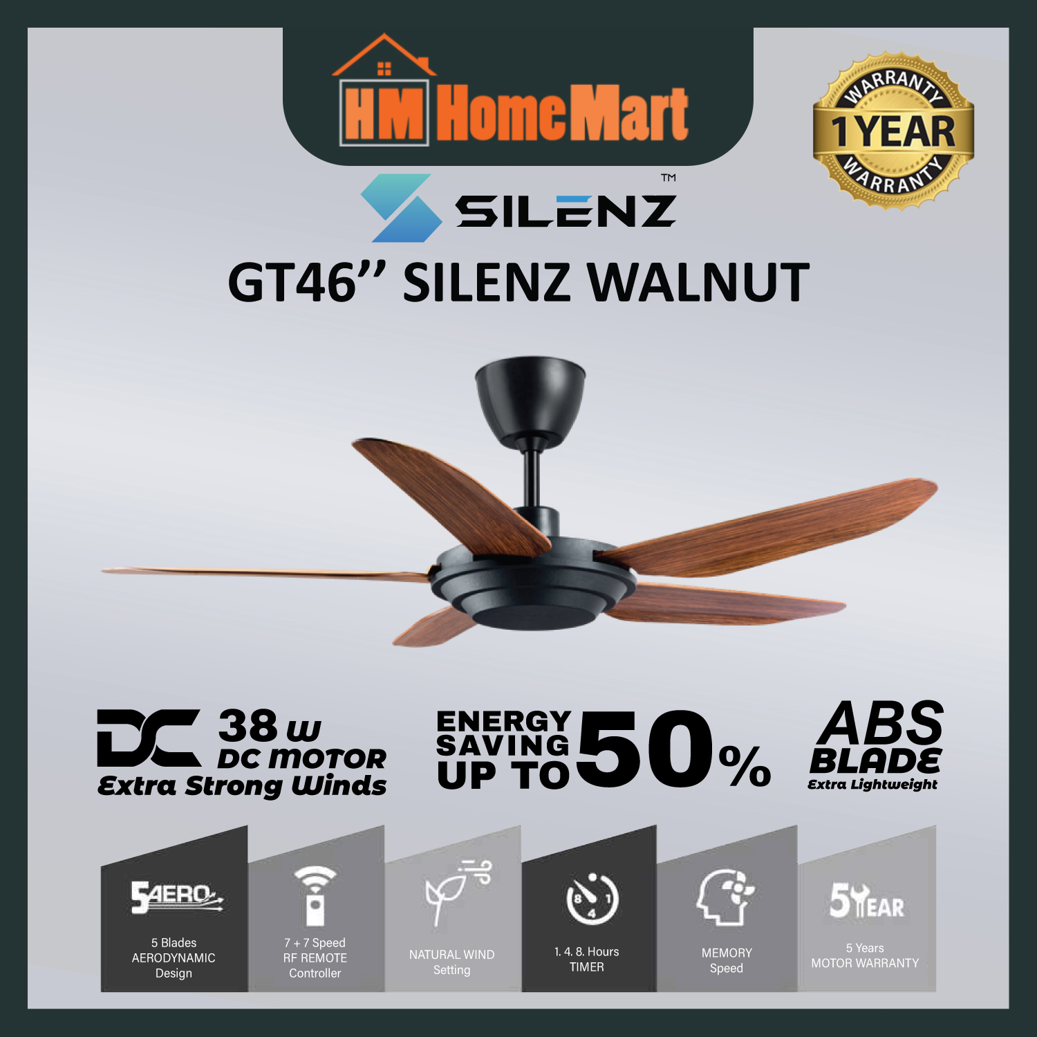 Silenz GT Series 46" DC Motor Ceiling Fan (Matt Black/White/Walnut) (5 ...