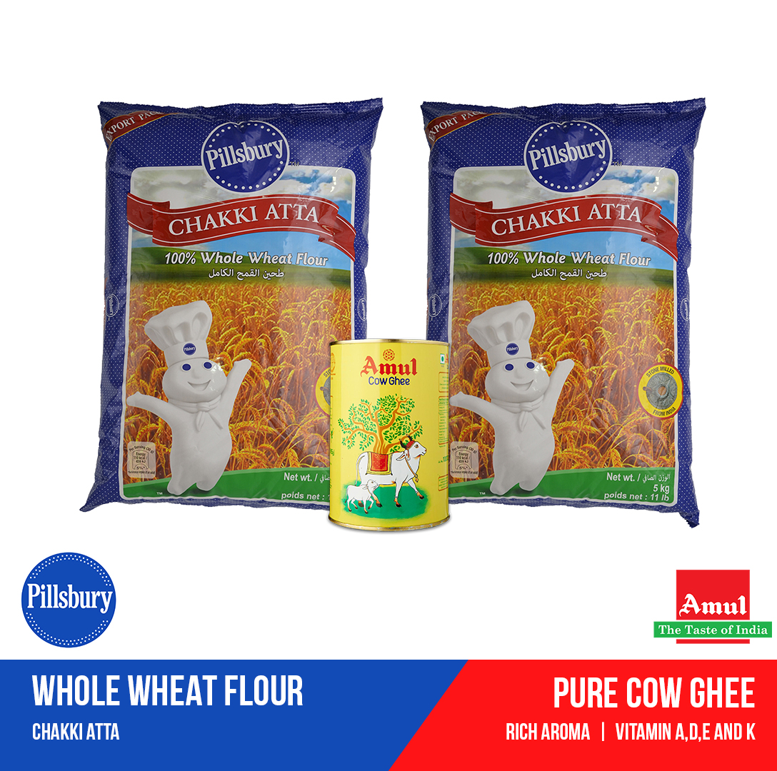 Pillsbury Chakki Atta 5kgX2 ,Amul ghee Yellow tin 1L (Soft rotis ...