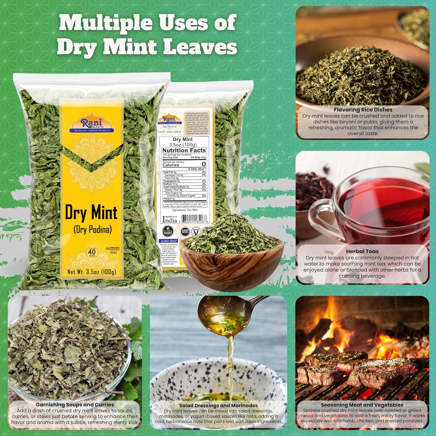 Rani Dry Mint Leaves (Podina Leaf) Spice, Dried Herb 3.5oz (100g) ~ All ...