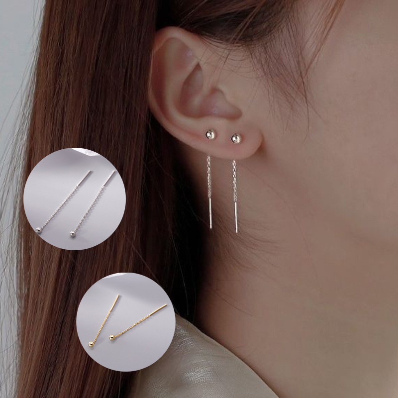 925 Silver Needles Chic Small Bean Round Ball Ear Line Dangle Earrings ...