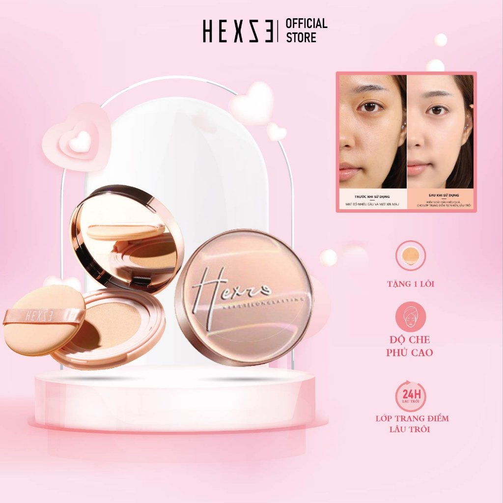 [TẶNG KÈM LÕI THAY THẾ] Phấn nước kiềm dầu Hexze 15g, Cushion căng bóng, mỏng nhẹ, lâu trôi ...