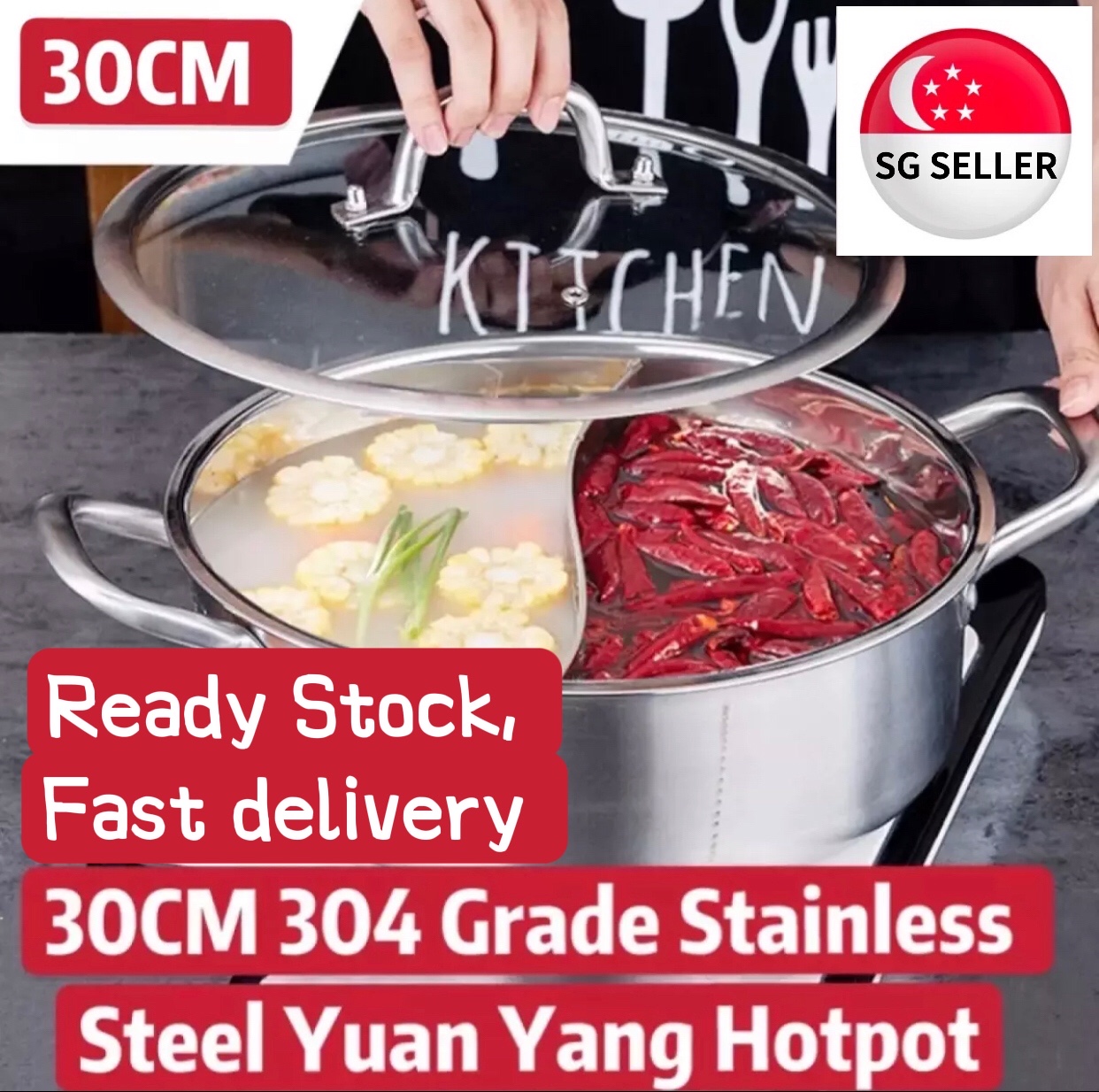 [LOCAL SELLER] 30CM Yuan Yang Large Dual Steamboat Hotpot 304 Stainless ...