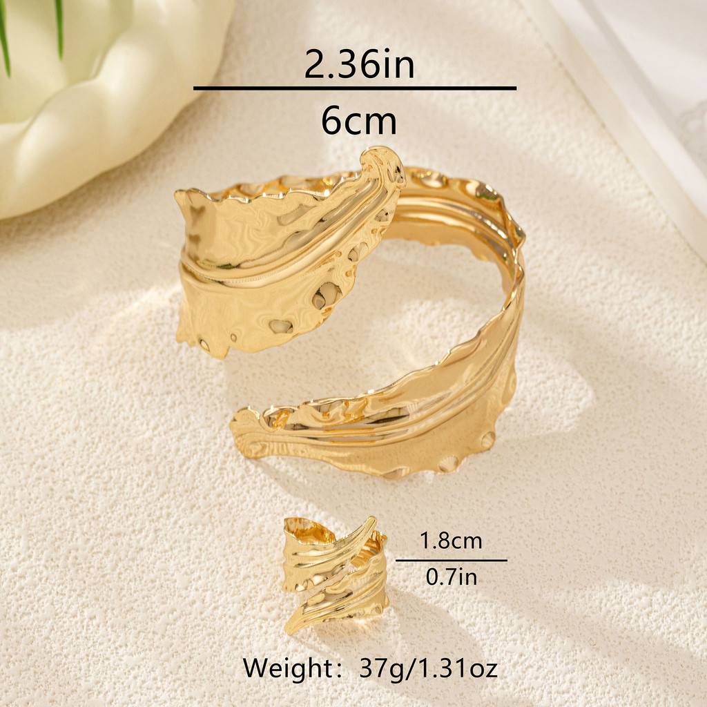 Enacolor 2Pcs/Set Retro Gold Metal Leaves Bangles Bracelet Rings Set for Women Girl Accessories ...