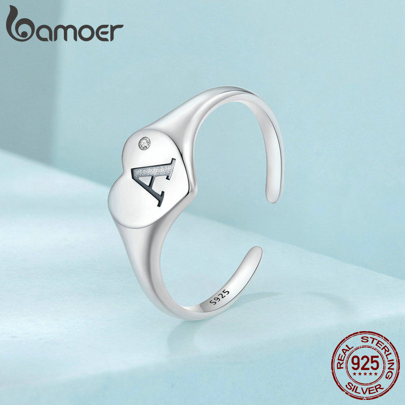 BAMOER 925 Sterling Silver Engraved Initial Letter A Open Ring Heart-shaped Adjustable Stackable ...