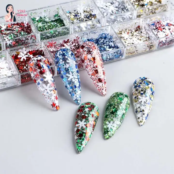 Y2K2 3D เล็บชุดทำเล็บมือชุดตกแต่งเล็บลายตารางเงาทรงเรขาคณิต12ช่องแวววาวเกล็ดเล็บเกล็ดหิมะเลื่อม ...