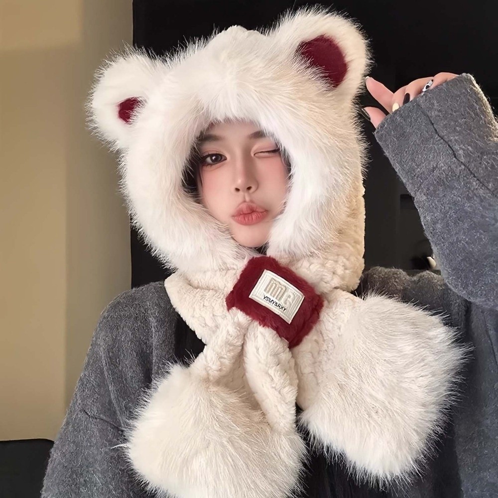 Skiing Cartoon Winter Plush Hat Anti-cold Windproof Bear Scarf Hat Soft ...