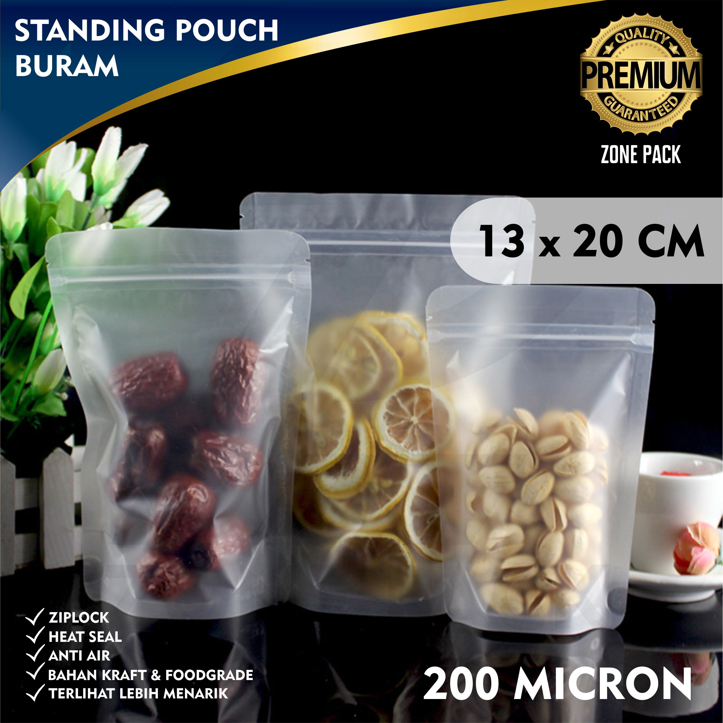 [13x20cm] 50 Pcs Standing Pouch Buram I Frosted I Kemasan Snack Kopi I ...