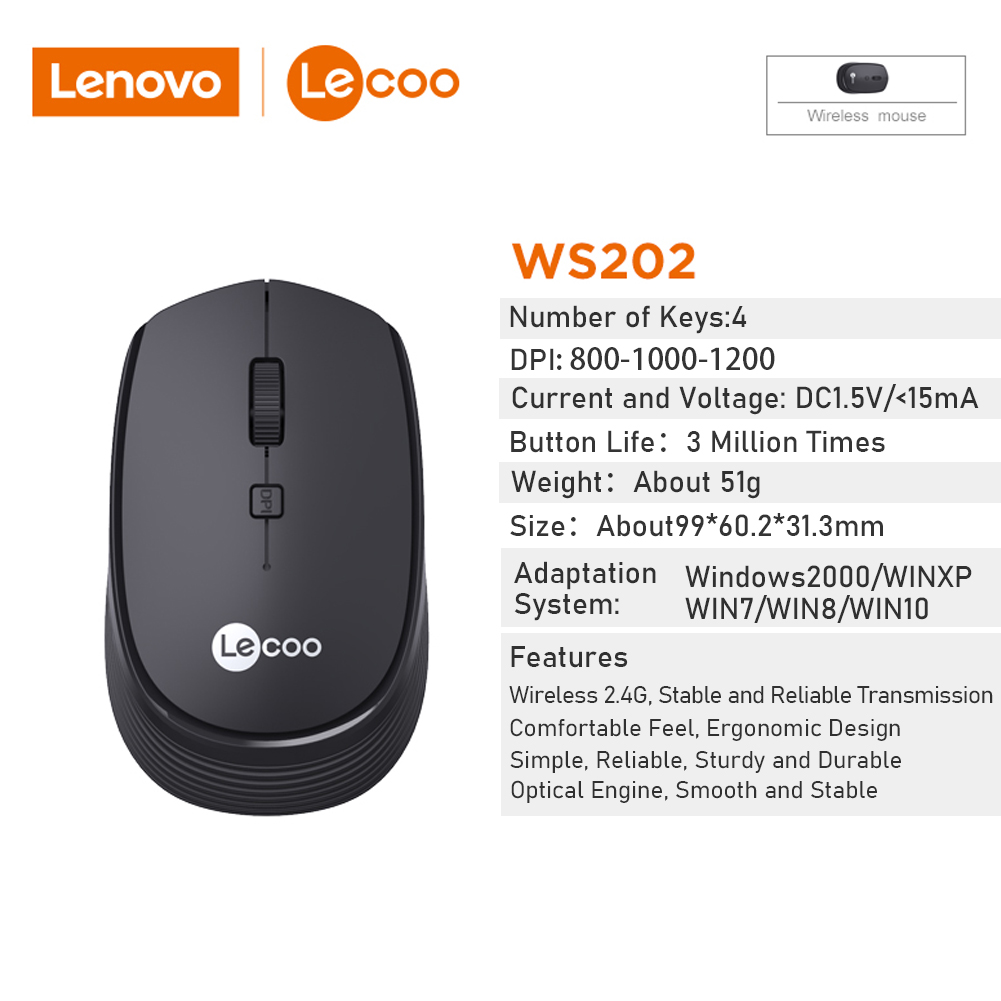LECOO เมาส์แบตเตอรี่ในตัวไร้สาย WS202มีขนาดกะทัดรัดและสวมใส่สบายปรับได้ ...