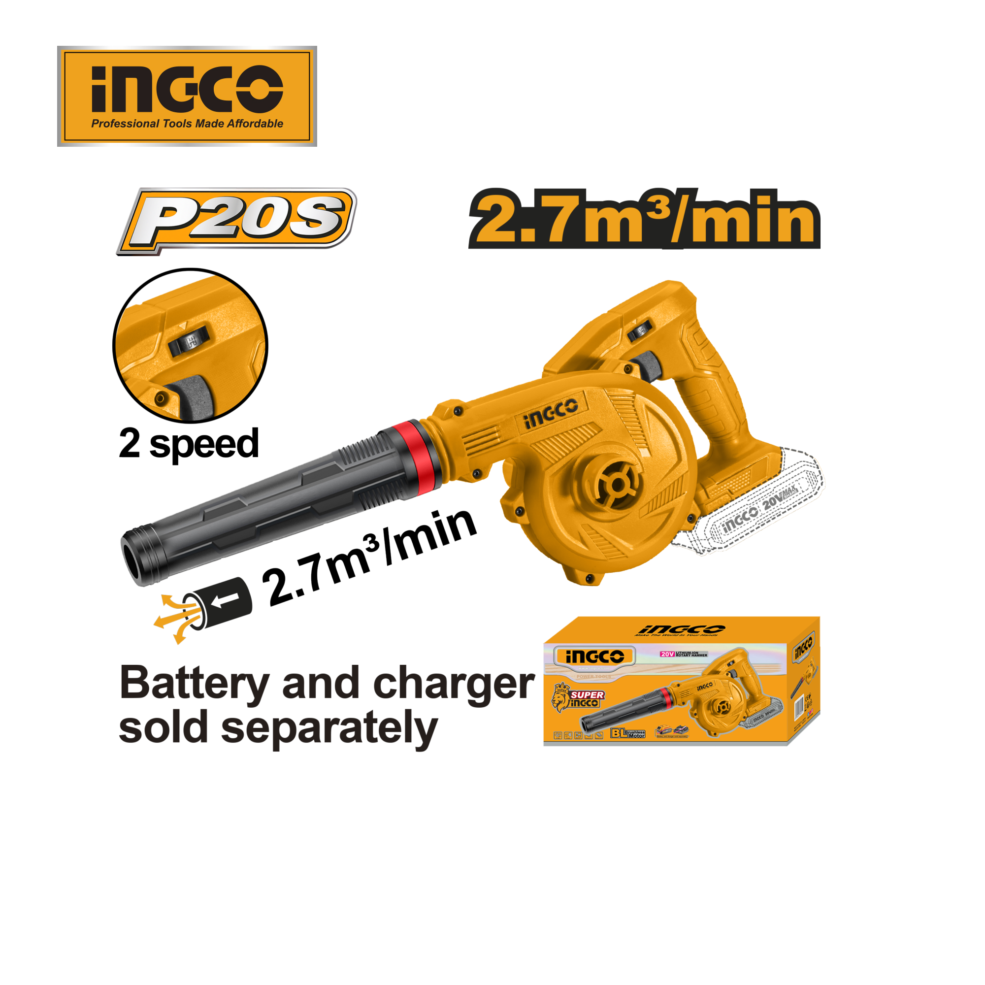 INGCO Lithium-Ion Electric Blower Vaccum Cleaner CABLI20018 (Bare Unit ...