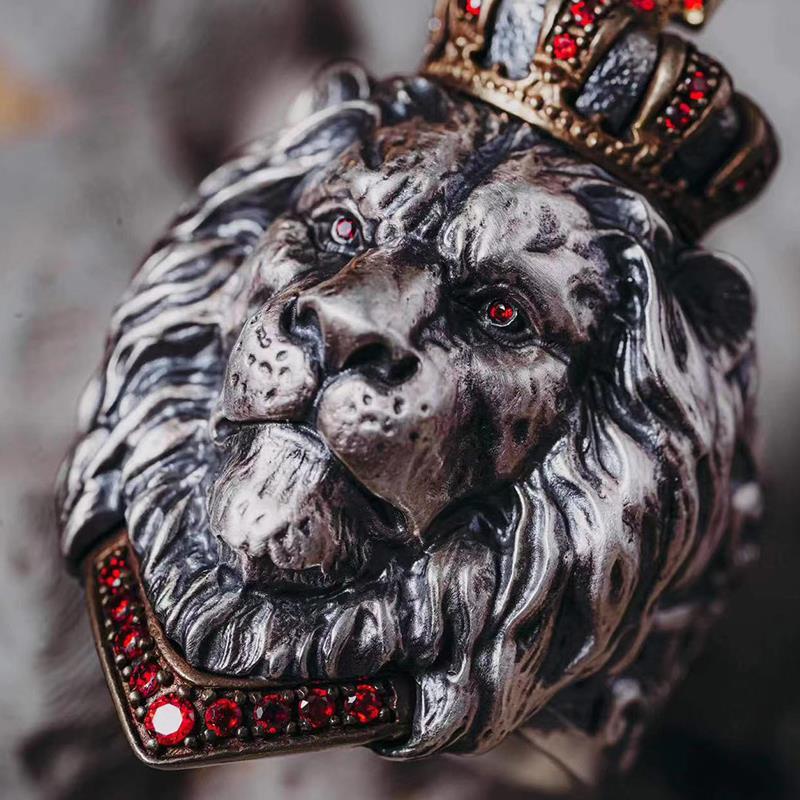 【Countdown Deal！】925 Personality Carved Aggressive Lion Opening Men's ...