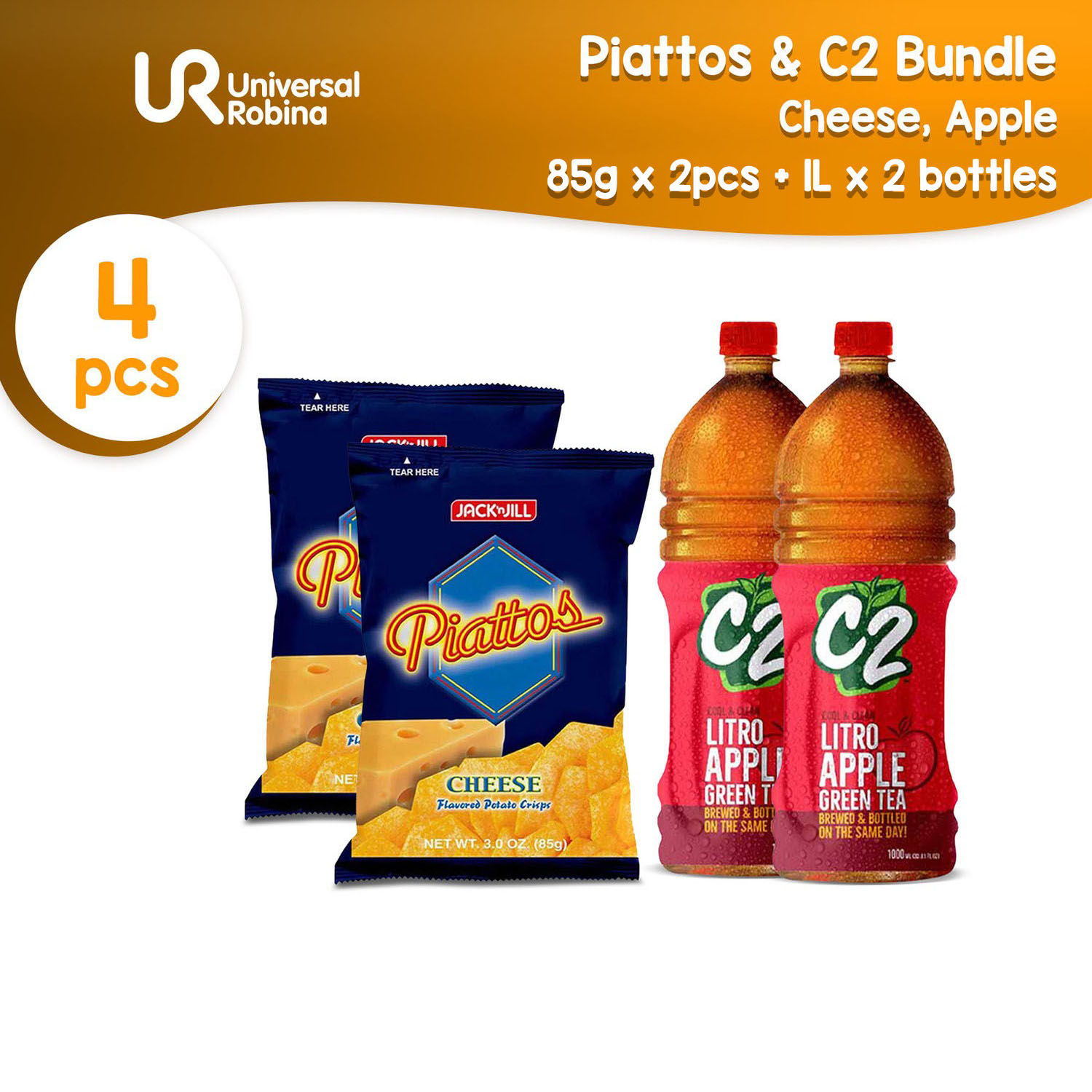 2 x Piattos Cheese Flavored Potato Crisps 83g and 2 x C2 Litro Apple ...