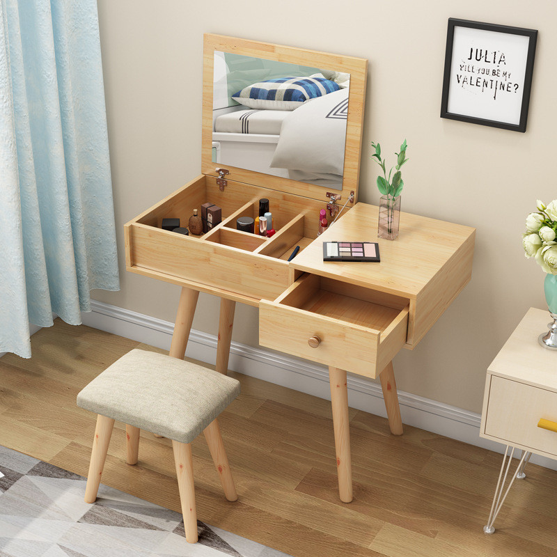 Nordic Small Apartment Solid Wood Dressing Table Flip Makeup Mirror ...
