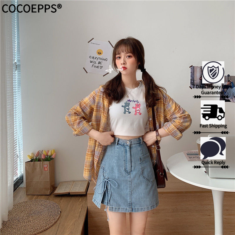 COCOEPPS กระโปรงยีนส์เรโทร,กระโปรงผ่าทรงเอกระโปรงปลอมสองชิ้นกระโปรงฟูฟ่อง - Cocoepps Official ...