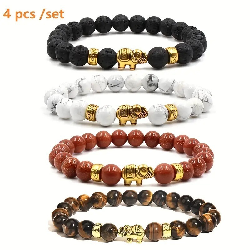 【New Arrivals】TEMU 8mm Tiger's Eye Black Lava Volcanic Elephant Men's ...