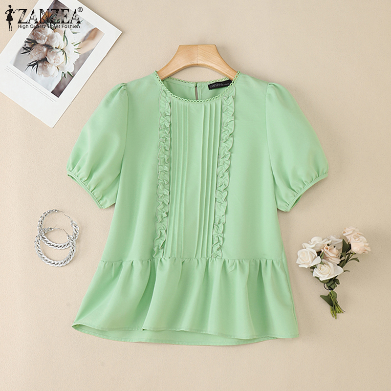 ZANZEA Korean Style Women Office Pleated Shirts Crew Neck Tops Elegant ...